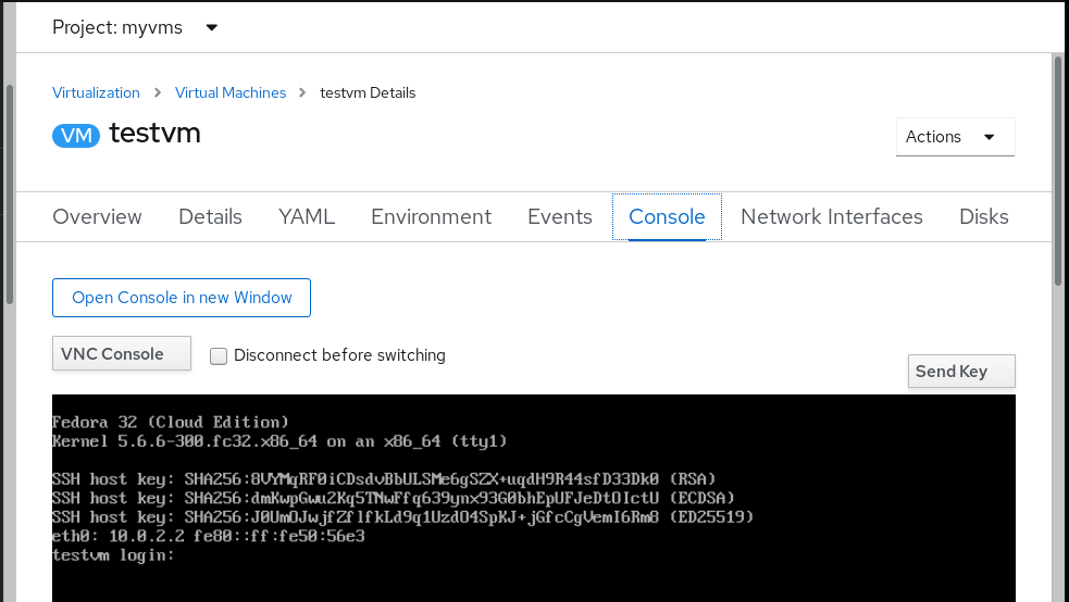Creating a VM Using the OpenShift Web Console